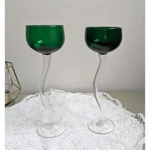 Dining | Vintage Green Wine Glass Set Of 2 Emerald Glass Goblet Twisted ...